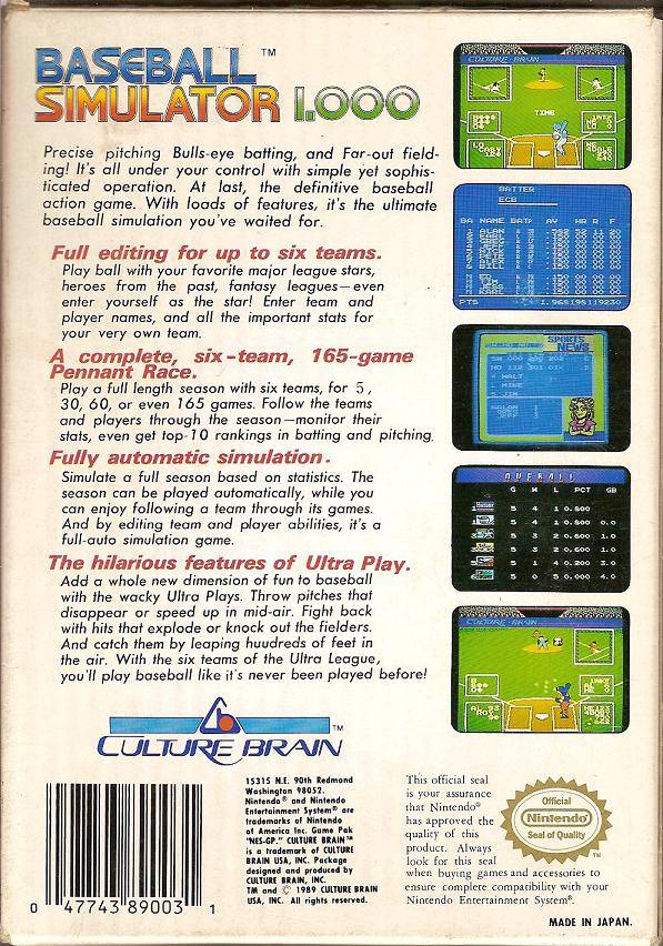 Baseball Simulator 1.000 - (NES) Nintendo Entertainment System [Pre-Ow ...