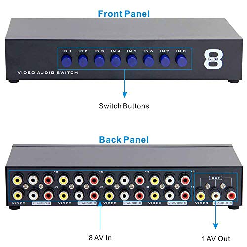 8-Way AV Switch RCA Switcher 8 in 1 Out Composite Video L/R Audio Sele ...